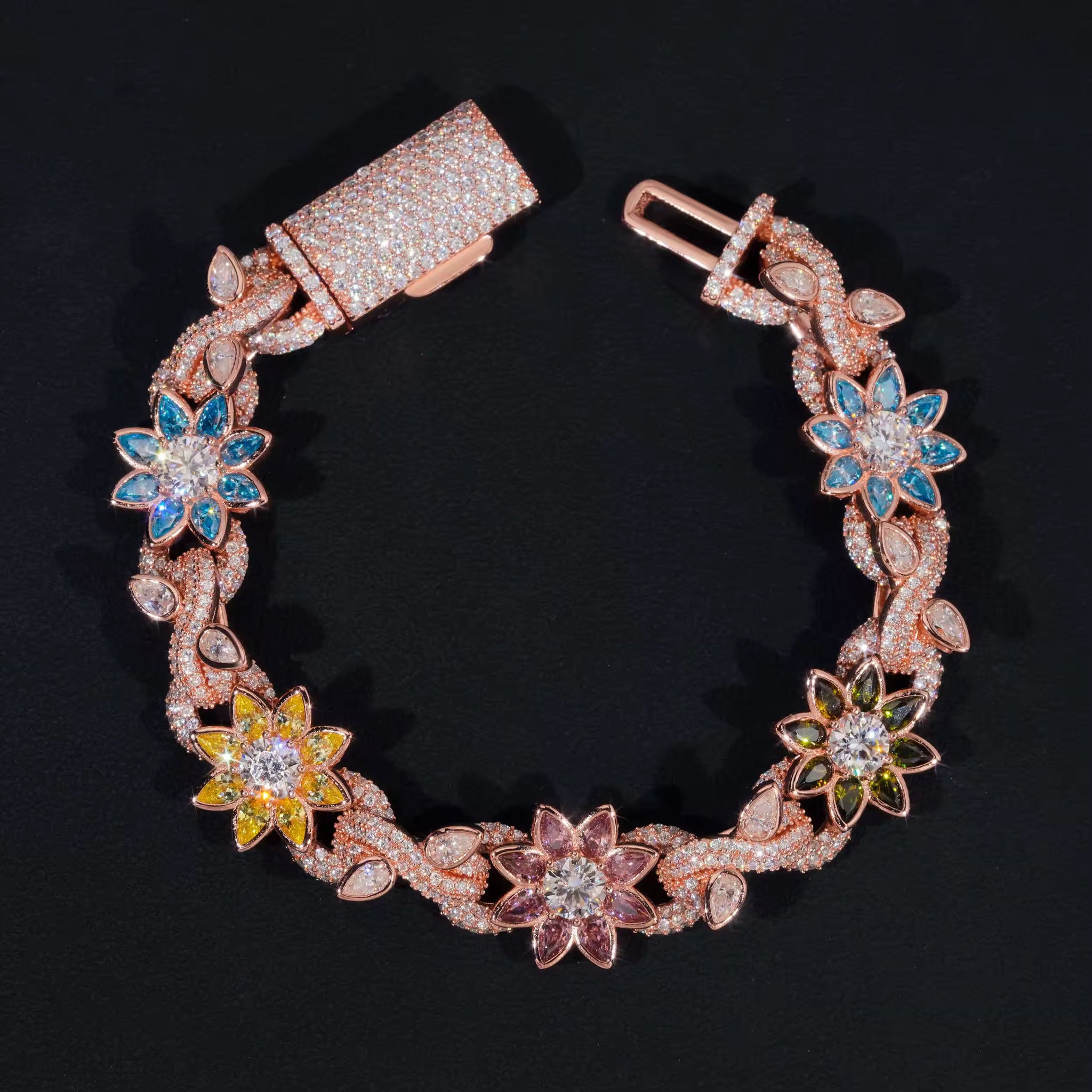 13MM Rose Gold Color Moissanite Flower Infinity Link Bracelet Iced Out