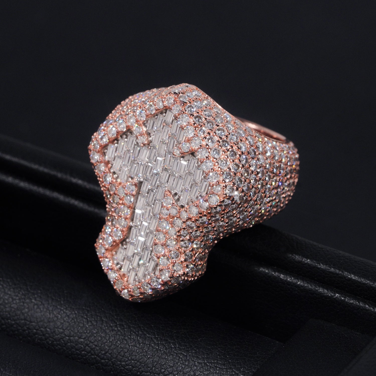 Rose Gold Plated Over Solid Silver Moissanite Cross Men Ring With Bagu