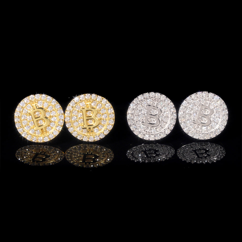 Iced Out 925 Sterling Silver Bitcoin Logo Stud Earrings Screw Back For