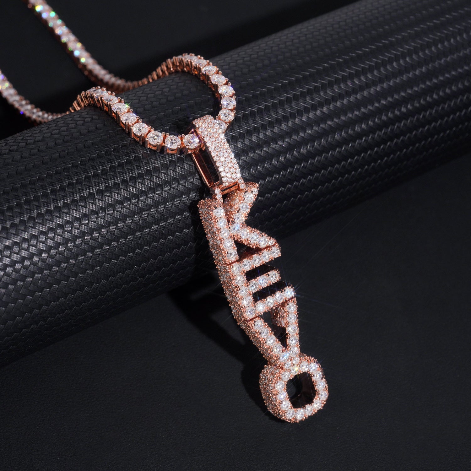 Custom Made VVS Moissanite Mosaic Setting Vertical Name Pendant Match