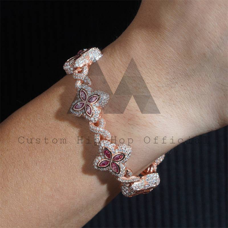 Rose Gold Plated Moissanite Men 18MM Iced Out Infinity Link Clover Bra