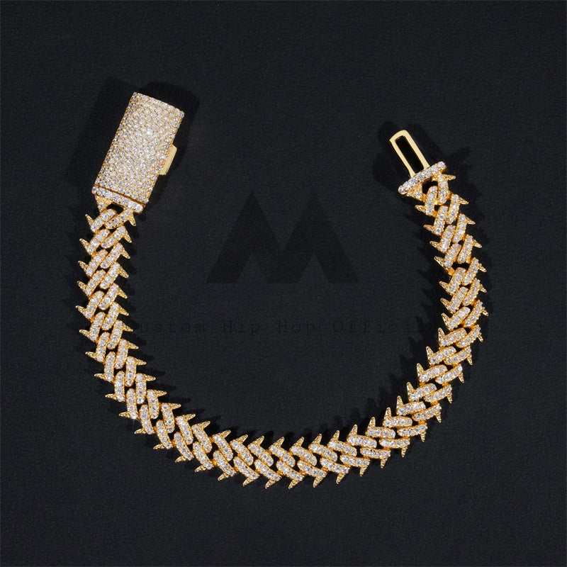 Solid Silver Iced Out 10MM Width Spike Cuban Link Bracelet Moissanite